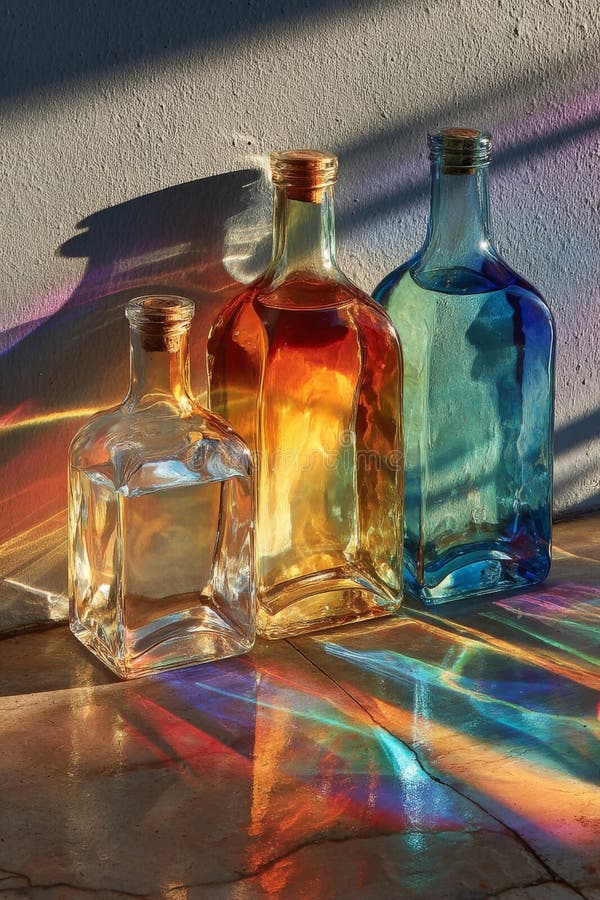 Three Colorful Glass Bottles in Sunlight with Rainbow Reflections Stock ...