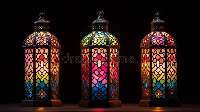 Three Colorful Glass Lanterns Glowing in the Dark Stock Illustration ...