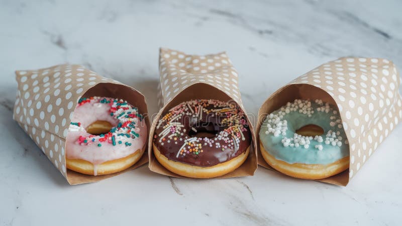 Three Colorful Glazed Donuts in Wrappers on Marble Background Stock ...