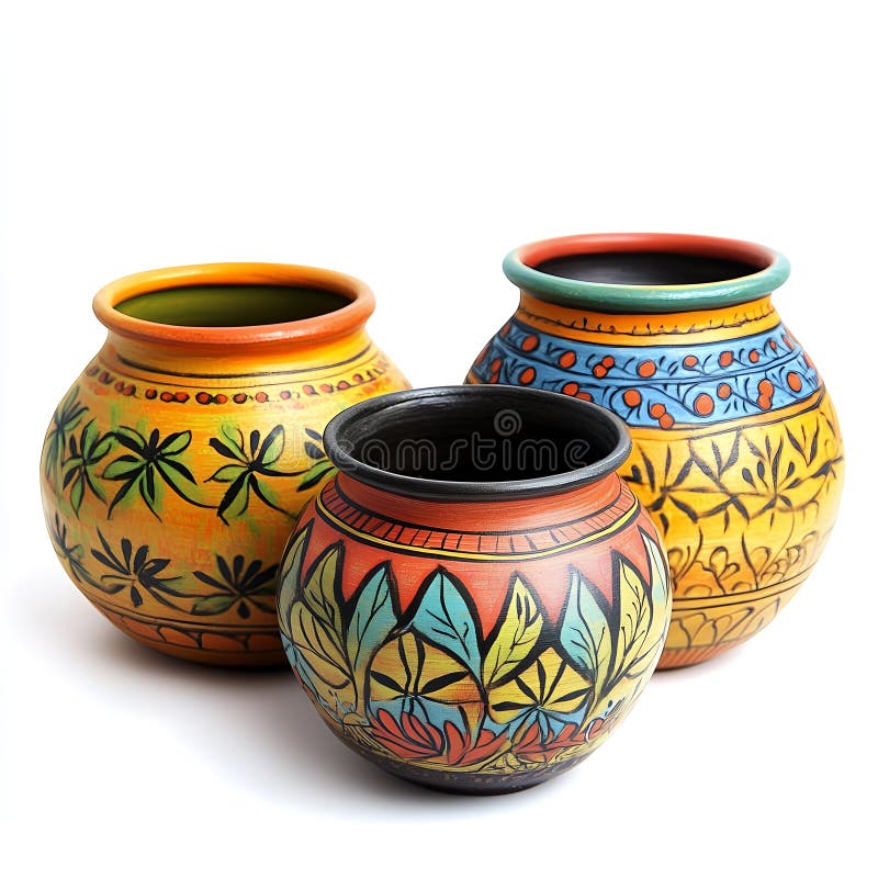 Three Colorful Hand Painted Pottery Jars Isolated on White Background ...