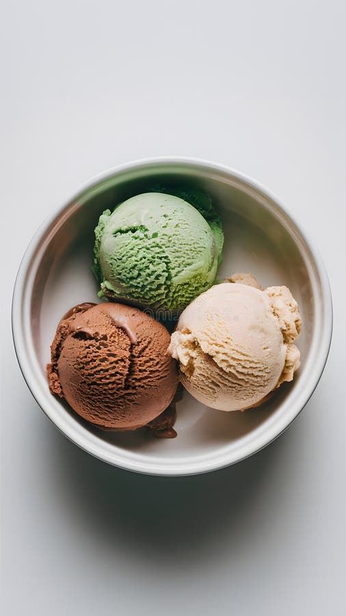 Three Colorful Ice Cream Scoops in White Bowl on Plain Surface Stock Illustration - Illustration ...
