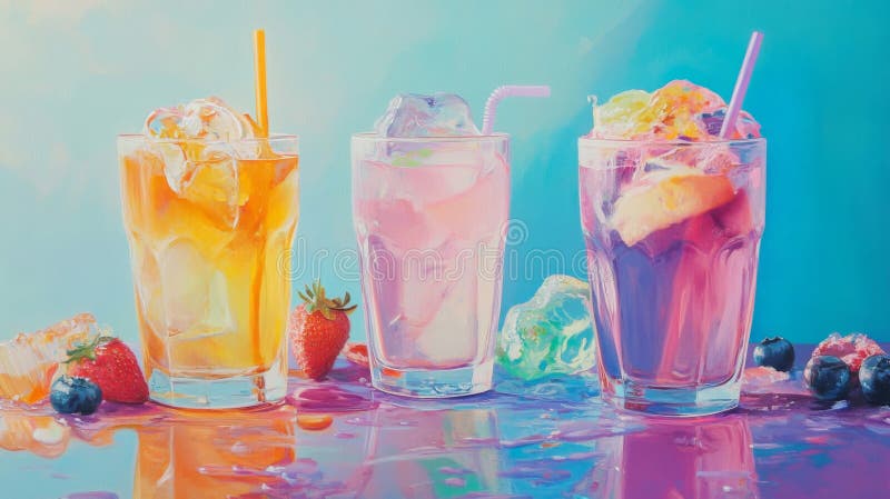 Three Colorful Iced Drinks with Fruit Stock Illustration - Illustration ...