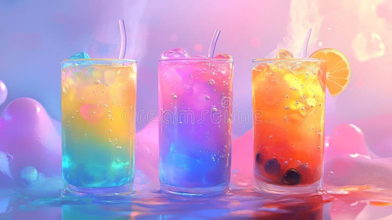 Three Colorful Iced Drinks with Pastel Background Stock Illustration ...
