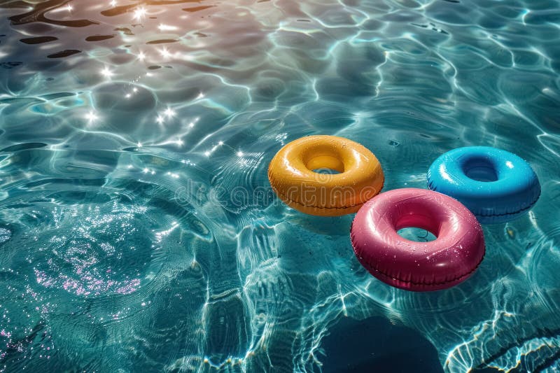 Three Colorful Inflatable Floating Circles on Crystal Clear Surface of ...