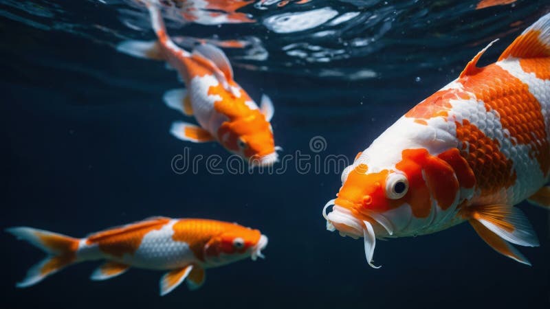 Three Colorful Koi Fish Swimming Gracefully in a Tranquil Water Setting ...