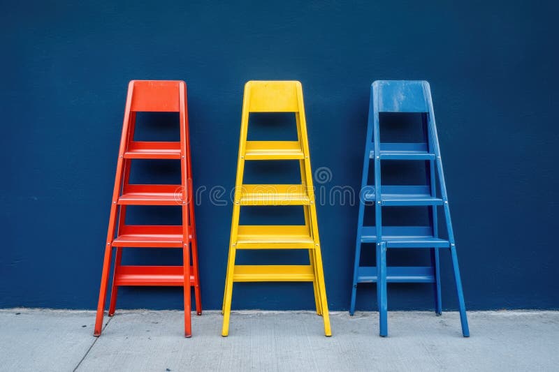 Three Colorful Ladders Leaning Against a Bright Blue Wall, Perfect for ...
