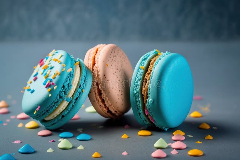 Three Colorful Macaroons with Sprinkles and Confetti on a Gray Surface ...