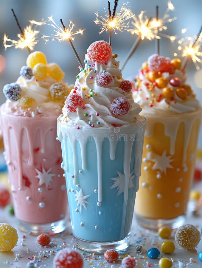 Three Colorful Milkshakes Topped with Candy and Sparklers. Stock Image ...