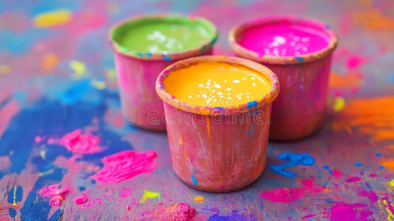 Three Colorful Paint Pots on a Vibrant Splashed Background Stock ...