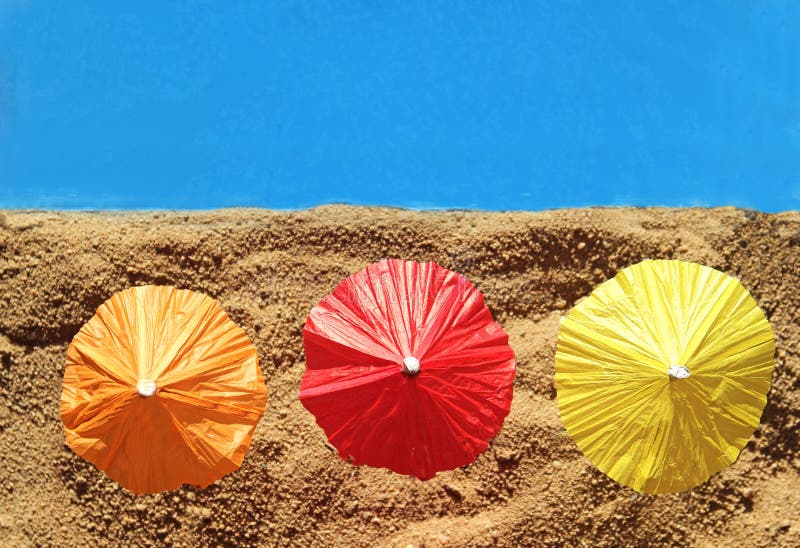 Three Colorful Parasols at the Beach, Top View Stock Photo - Image of ...