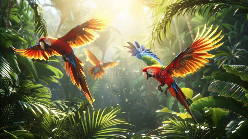 Three Colorful Parrots Fly through a Lush Jungle with Sunlight ...