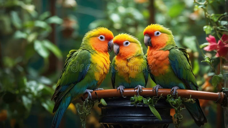 Three Sun Conures Perched on a Branch in Lush Green Foliage Stock ...