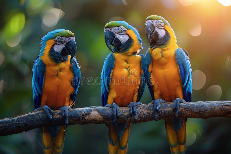 Three Colorful Parrots Sitting on a Tree Branch Stock Image - Image of ...