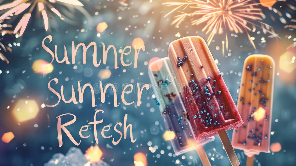 Three Colorful Popsicles with Fireworks and Bokeh Background. Perfect ...