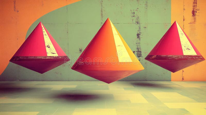 Three Colorful Pyramids Floating in a Stylized Geometric Environment ...