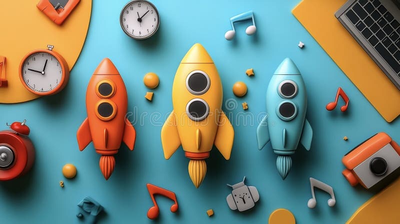 Three Colorful Rockets are on a Table with a Clock and a Keyboard Stock ...