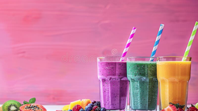 Three Colorful Smoothies with Straws in Them are on a Table with Fruit ...