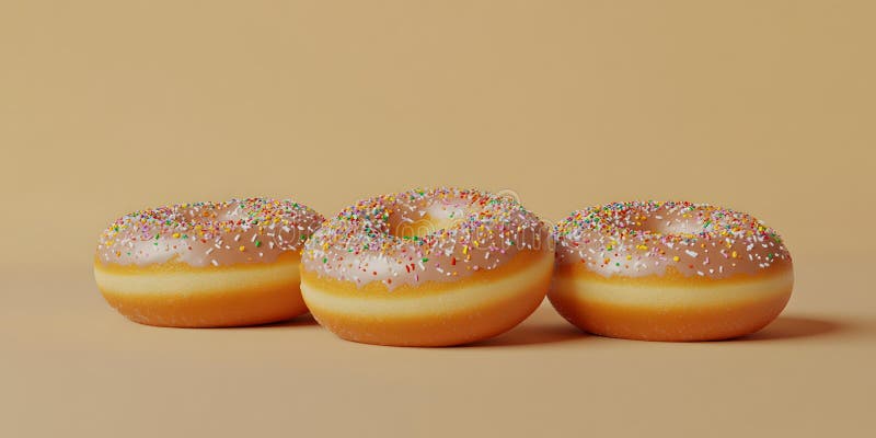Three Colorful Sprinkled Donuts on Light Brown Background Stock ...