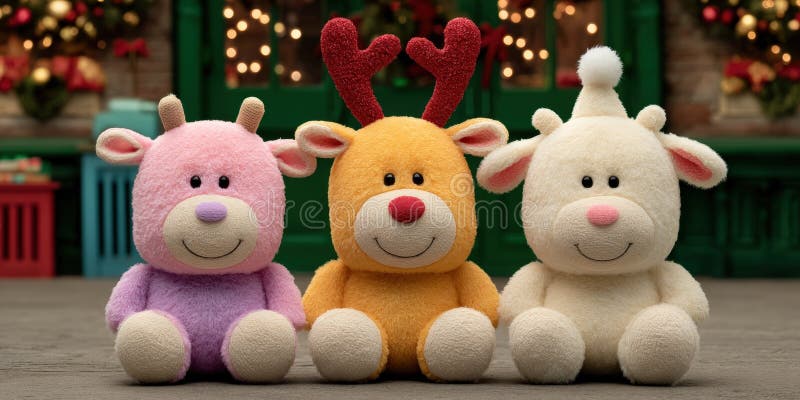 Three Colorful Stuffed Animals Sitting Side by Side on a Concrete Sidewalk in Daylight. Stock ...