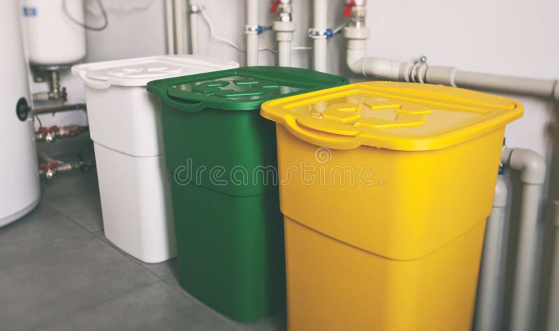 Three Colorful Trash Cans for Sorting Garbage. Stock Image - Image of ...