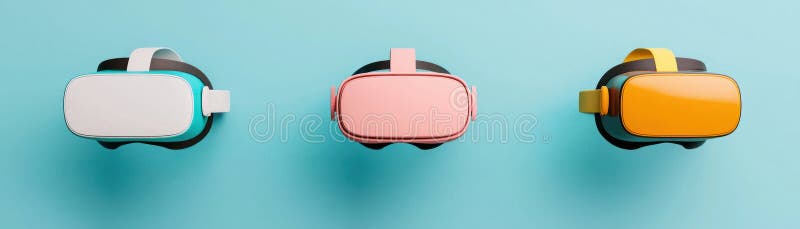 Three Colorful Virtual Reality Headsets on a Blue Background Stock ...