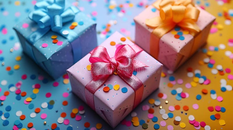 Three Colorful Wrapped Presents Placed on a Party Table with Colorful ...