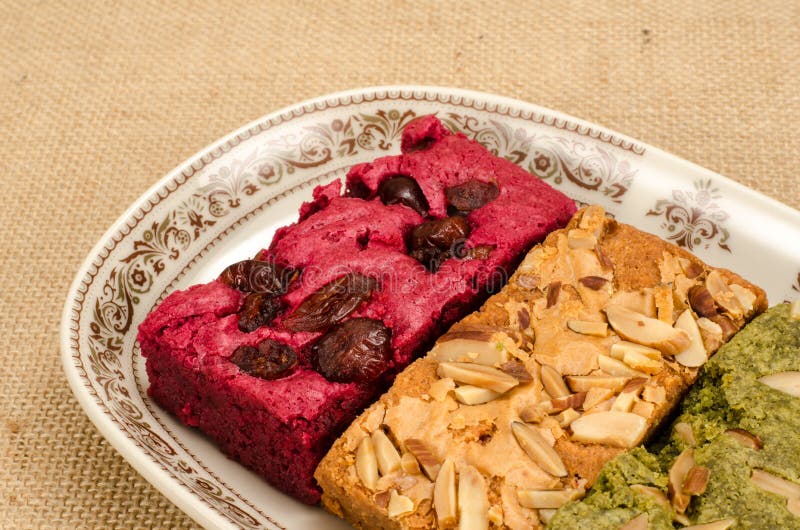 Three colour cakes stock photo. Image of piece, pastry - 48216552