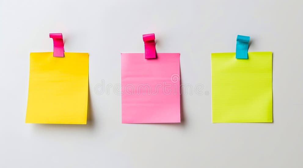 Three Colourful Post-it Sticky Notes are Hanging on a White Wall Stock ...