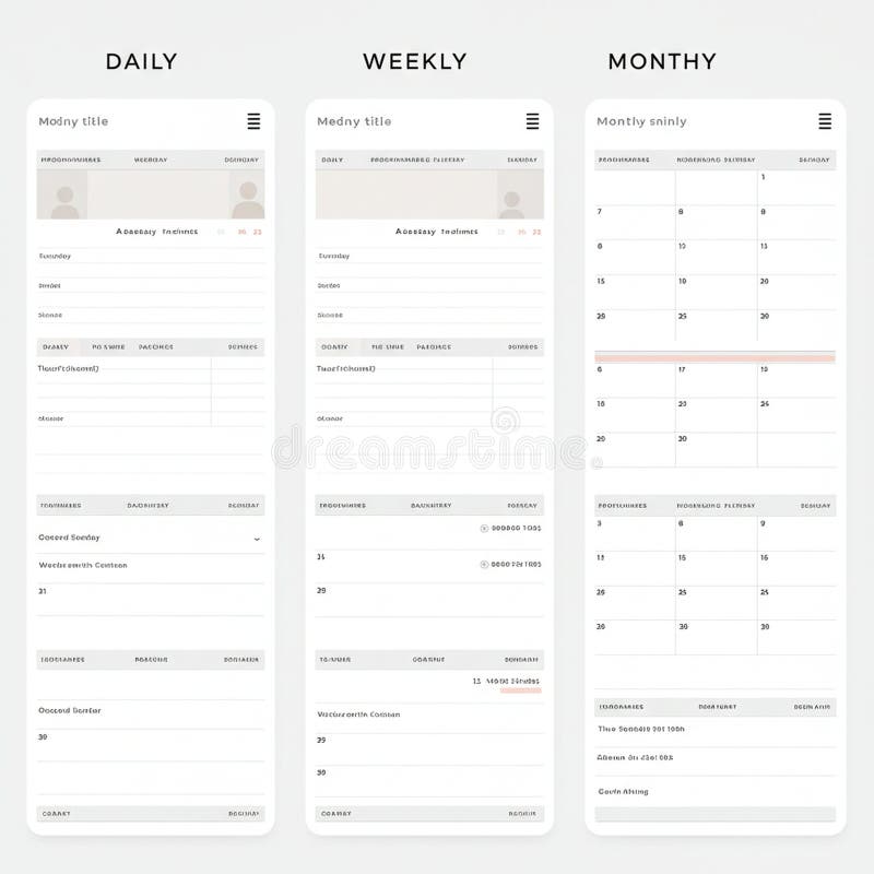 Three-column Layout Displaying daily, Weekly, and Monthly Planning ...