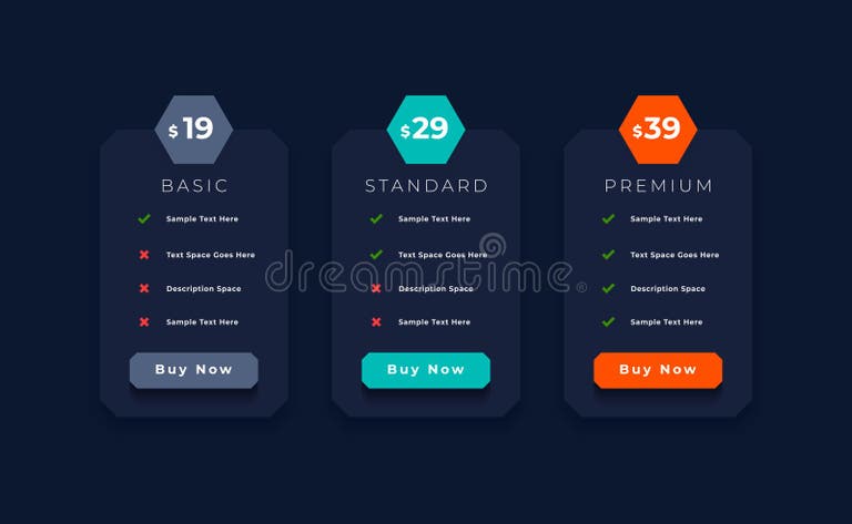 Three Column Pricing Chart Table Layout for Web Menu or Tariff Stock ...