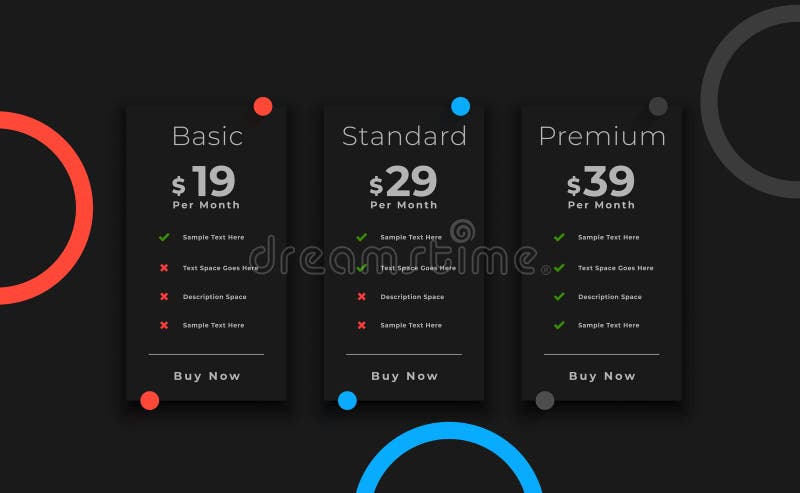 Three Column Pricing Chart Template for UI/UX App Stock Vector ...