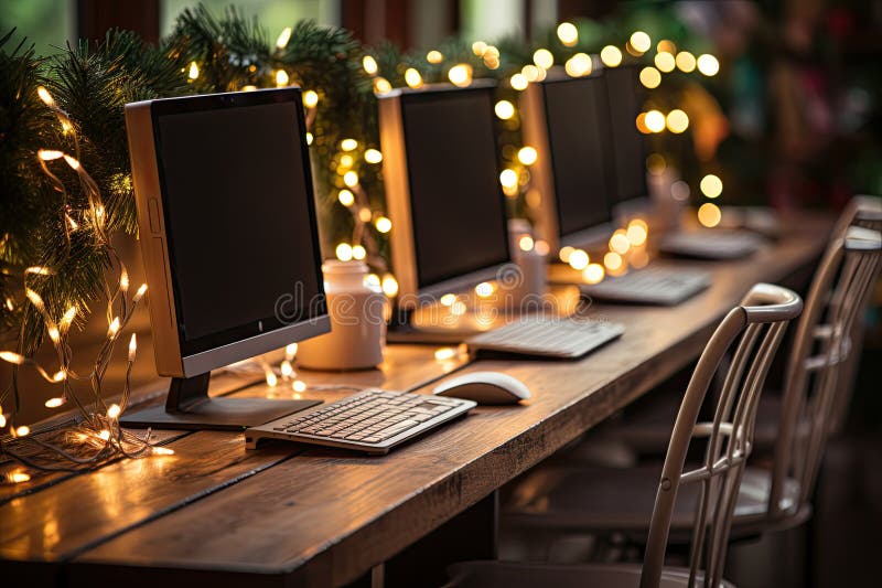 Three Computer Monitors on a Desk with Christmas Lights Stock ...
