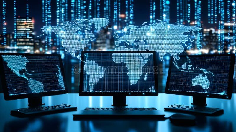 Global Network Security Three Monitors Displaying Digital World Map in ...