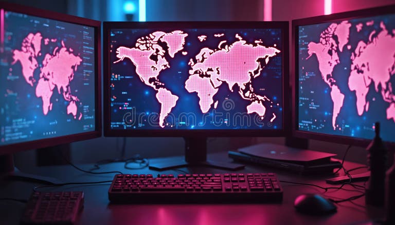 Three Computer Monitors Display World Map Illuminated by Pink, Blue ...