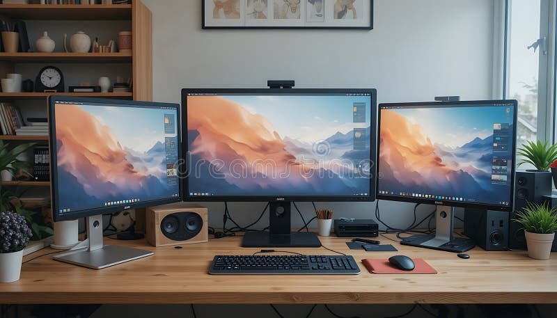 Three Computer Monitors Displaying Landscape Image on Bright Wooden ...
