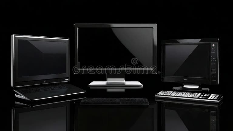 Three Computer Monitors and a Laptop on a Black Surface, Perfect for ...