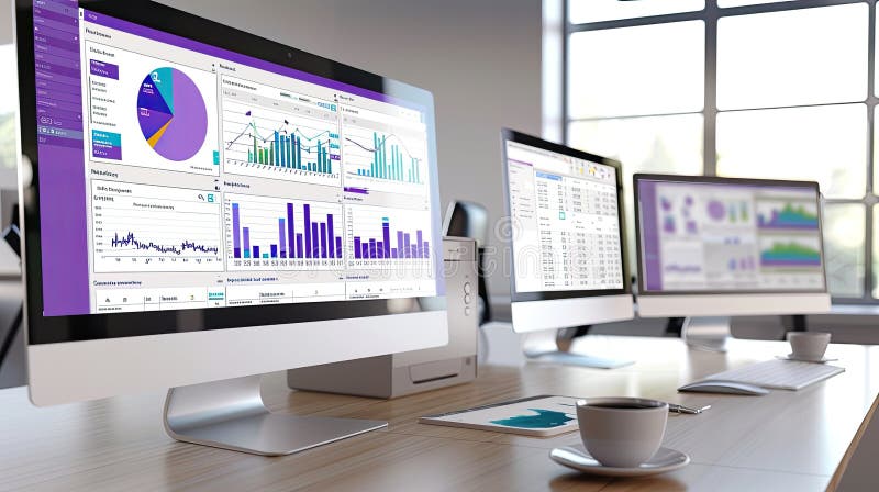 Three Computer Screens, Tech-savvy, Purple, Blue, and White-themed Data ...
