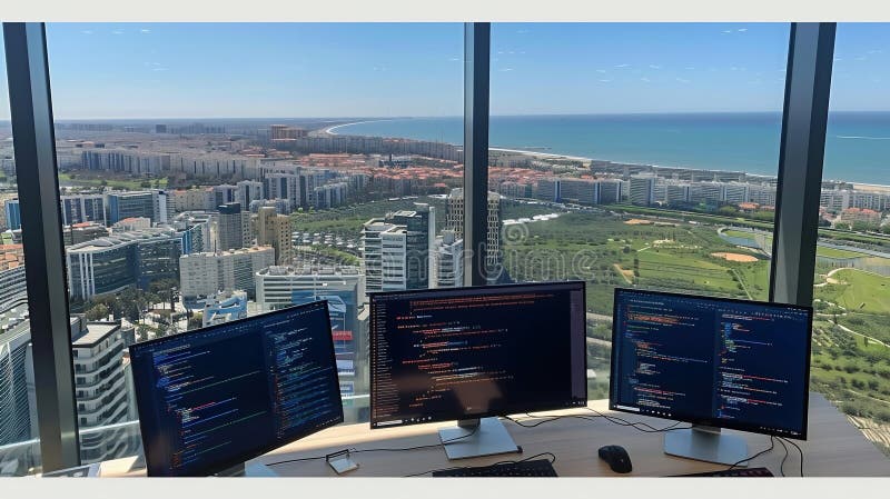 Three Computers Monitors Standing on Desk Against Large Windows Stock ...