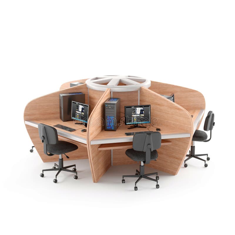 Three Computers Sit in a Computer Desk Next To a Chair Stock ...