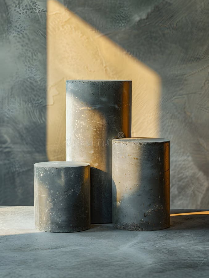 Three Concrete Cylinders Stacked in a Room, Hardwood Flooring Stock ...