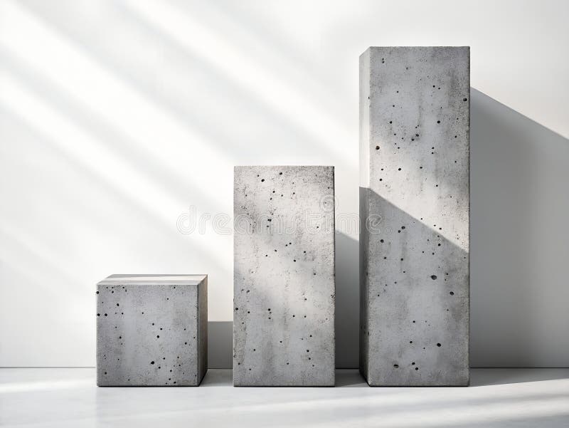 Three Concrete Pillars of Varying Heights Against a White Wall with ...