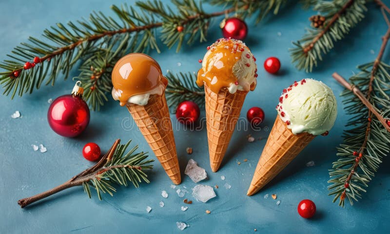 Three Cones of Ice Cream are Sitting on a Blue Table, with One of the ...