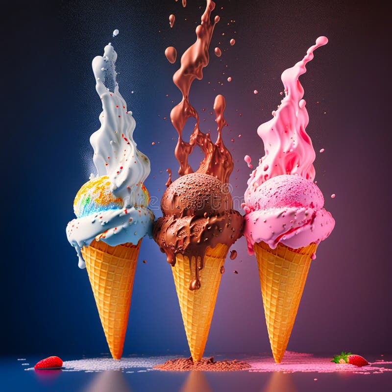 Three Cones of Ice Cream with Sprinkles and Strawberries, Generative AI ...