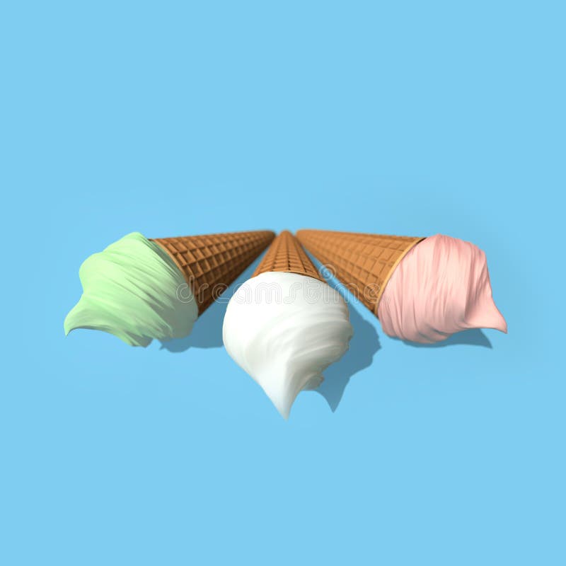 Three Cones of Multi-colored Ice Cream 3d Rendering. Pink, White and ...