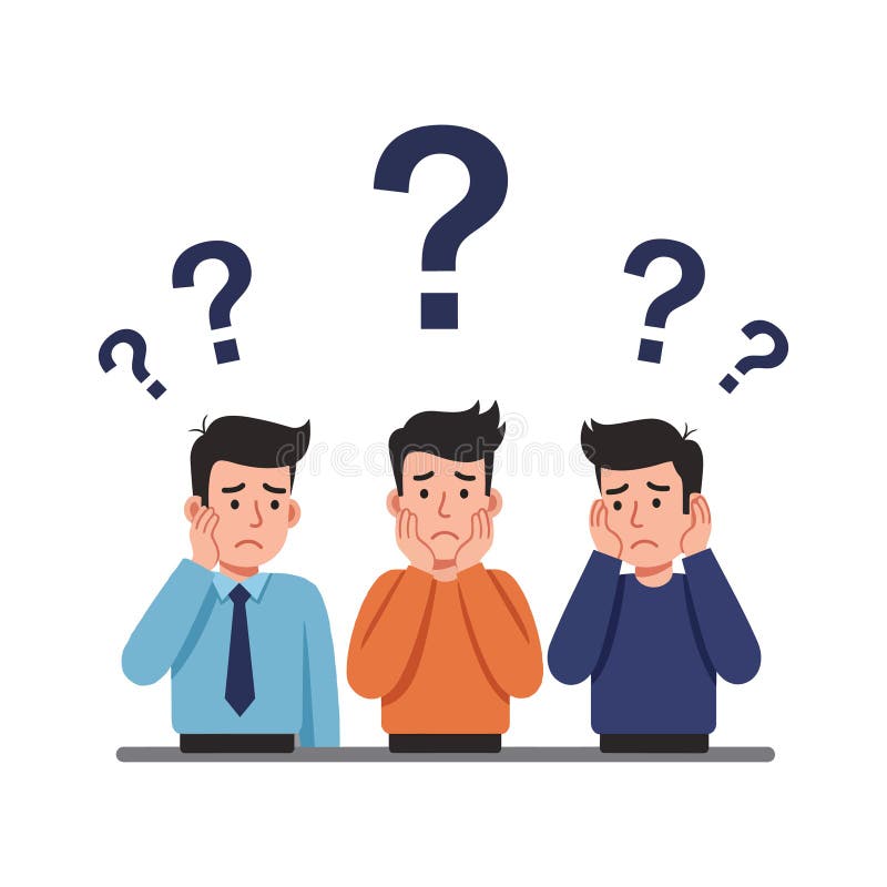 Three Confused Men in Flat Design Style Pondering Questions in Vector ...