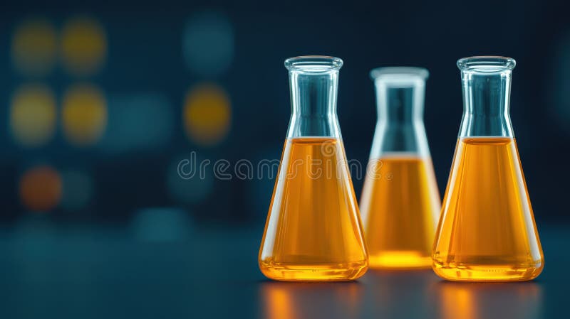 Three Conical Flasks Filled with Amber Liquid are Set Against a Blurred ...
