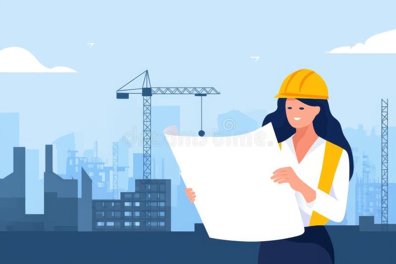 Construction Team Analyzing Blueprint at Building Site Stock Illustration - Illustration of ...