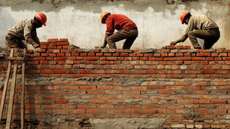 Three Construction Workers Building a Brick Wall Stock Illustration ...