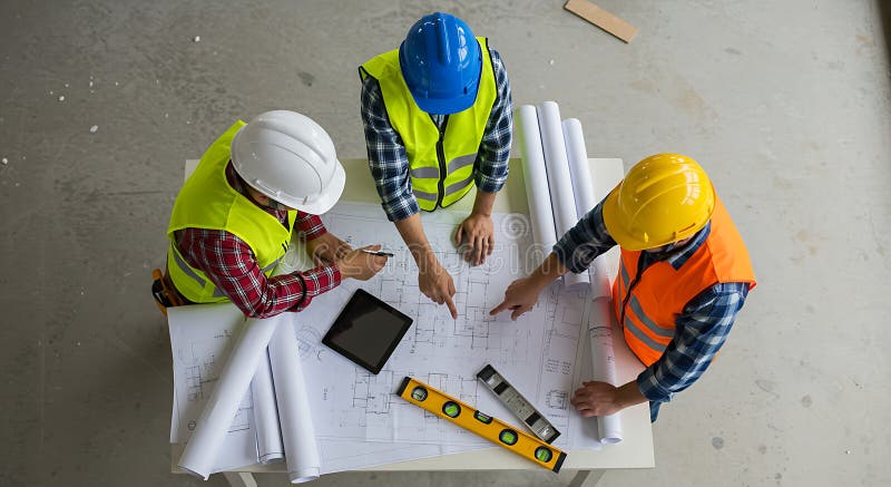 Team of Architects Reviewing Blueprints Stock Illustration - Illustration of building, plan ...