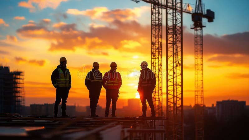 Three Construction Workers Collaborating on a Building Site during ...